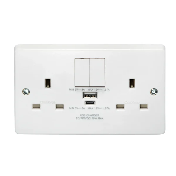 Crabtree 13A 2 Gang Single Pole Switched Socket with Type A and Type C ...