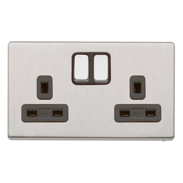 MK Electric Socket 2 Gang Switched Double Pole Brushed Stainless Steel ...