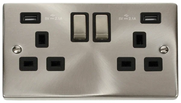 Click Socket Ingot 2 Gang Switched USB 13A 2 x 2.1A Satin Chrome Black ...