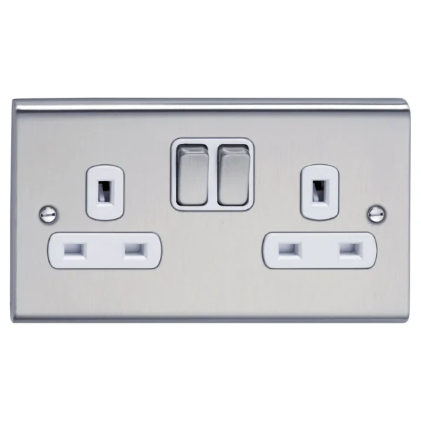 Deta Socket 2 Gang Double Pole Switched 13A Stainless Steel White ...