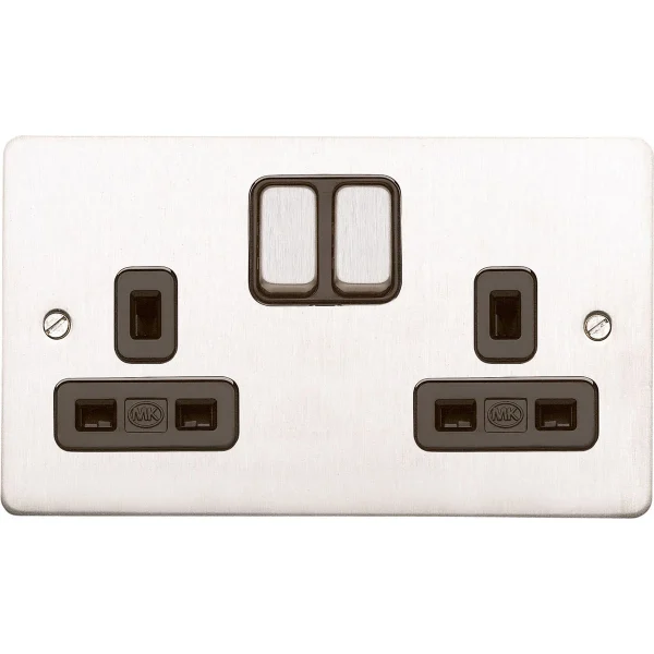 MK Electric Socket 2 Gang Switched Double Pole Dual Earth 13A Brushed ...