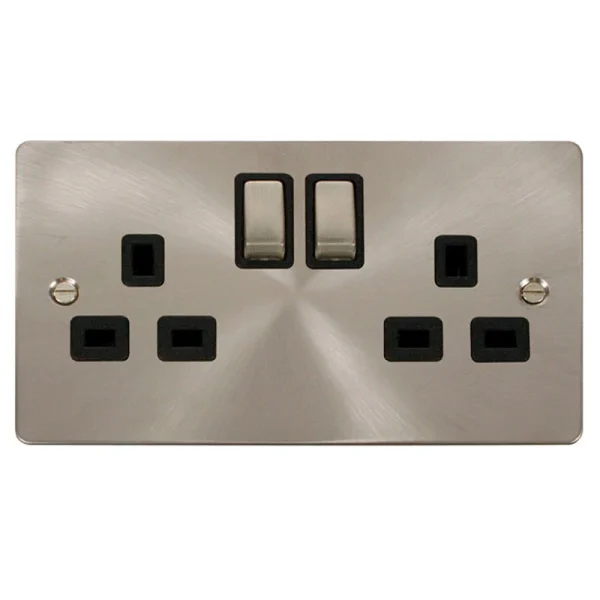 Socket 2 Gang Double Pole Switched 13A Brushed Stainless Black Insert ...