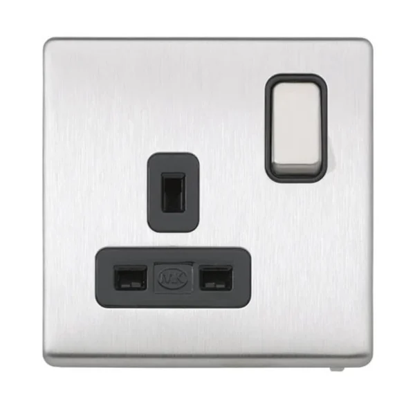 MK Electric Socket 1 Gang Switched DP Brushed Stainless Steel Black ...